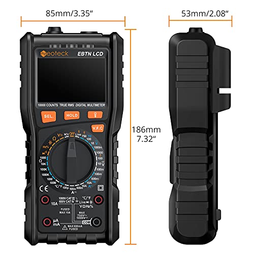 Neoteck True RMS 9999 Counts Digital Multimeter, Large Backlit EBTN LCD, Manual & Auto Dual Ranging Integrated Design - Black