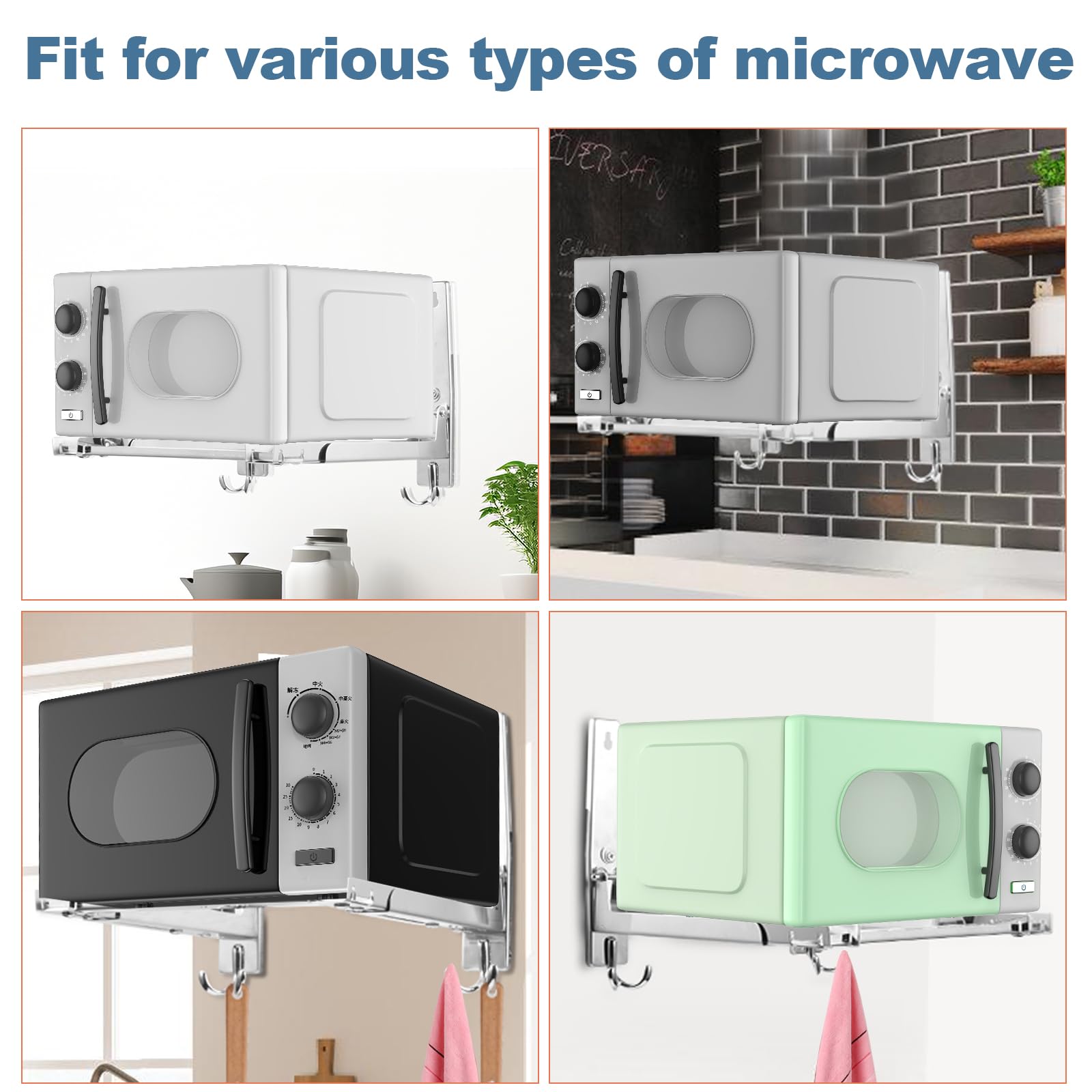 Microwave Bracket Wall Mount, Stainless Steel Microwave Oven Stand Shelf Rack, Heavy Duty and Sturdy Brackets for Kitchen Space Saver, Max Load 100 lbs