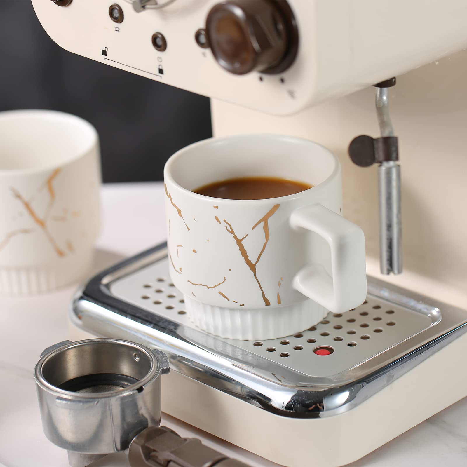 LURRIER Porcelain Large Stackable Coffee Mug Set with Rack and Wooden Base,Marble Pattern Hand-crafted Coffee Cup Set,10 Oz for Coffee,Tea,Cocoa,Milk,Set of 4 (Classic White)