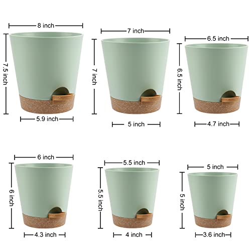 YNNICO Indoor Self Watering Planters with Drainage Holes and Saucers, 8, 7, 6.5, 6, 5.5, 5 Inches, Green, 6 Pots
