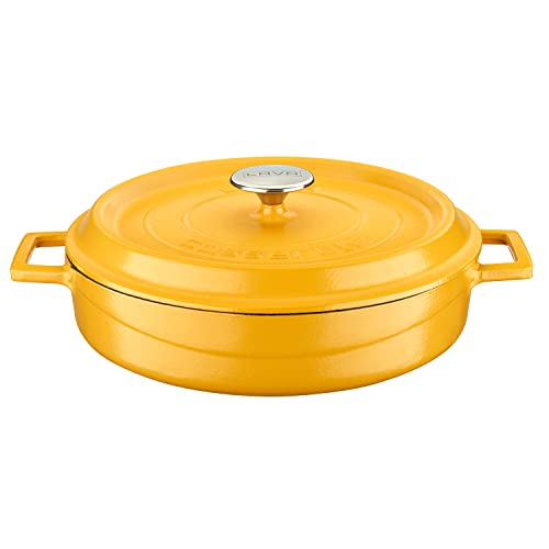 LAVA 3.7 Quart Enameled Cast Iron Braiser: Multipurpose Stylish Yellow Round Dutch Oven Pot with Enameled Black Interior and Trendy Lid