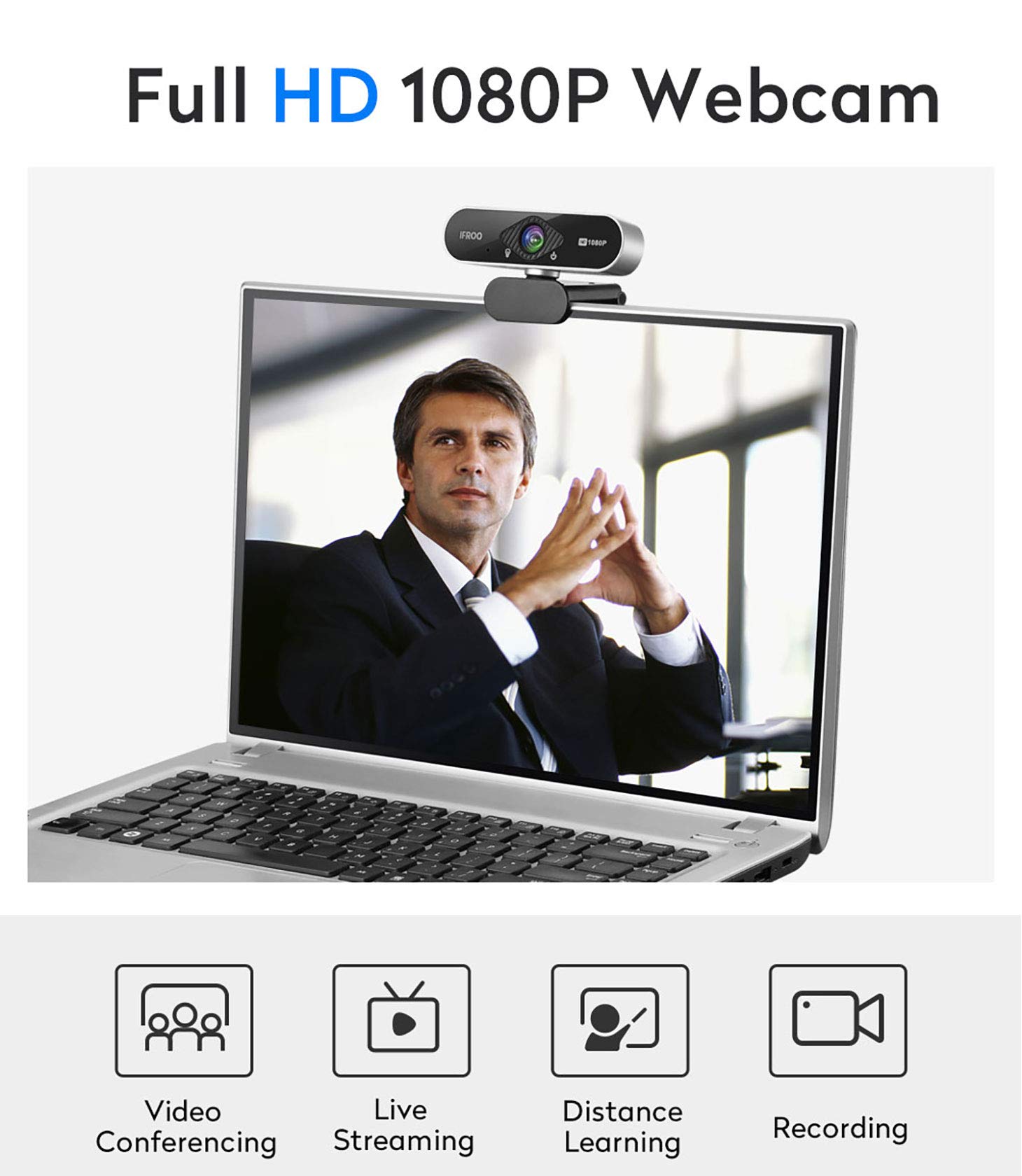 IFROO FHD 1080P Webcam with Microphone,No fisheye Wide-Angle for Desktop Laptop Computer Web Camera,USB Plug and Play,Compatible Skype Zoom YouTube Windows/Mac OS,for Live Streaming,Recording,Gaming