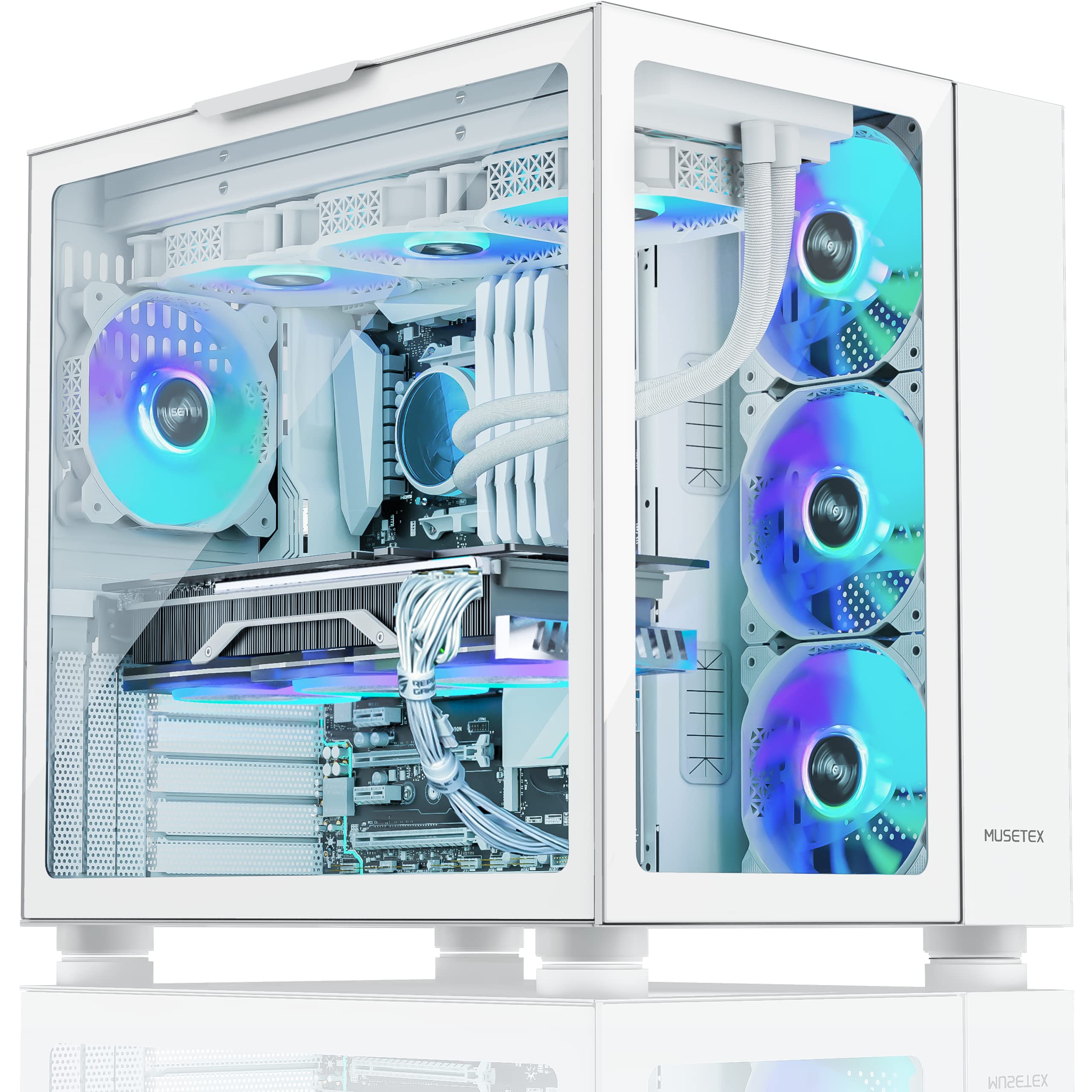 MUSETEX 7 PWM ARGB Fans Pre-Installed ATX Gaming PC Case, Modern Aesthetic Dual Tempered Glass Panoramic Mid-Tower Pc Case, USB 3.0 Pure White Computer Case (H3-N7)