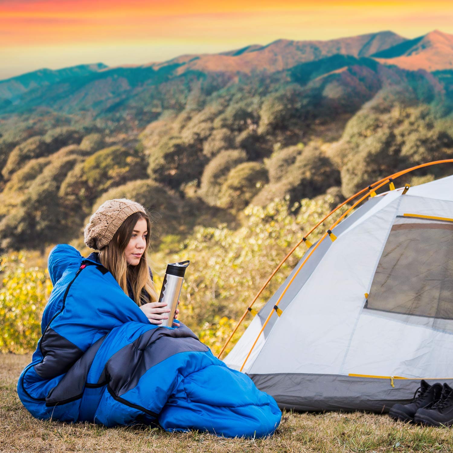 HiHiker Camping Sleeping Bag + Travel Pillow w/Compact Compression Sack – 4 Season Sleeping Bag for Adults & Kids – Lightweight Warm and Washable, for Hiking Traveling & Outdoor Activities (Blue)