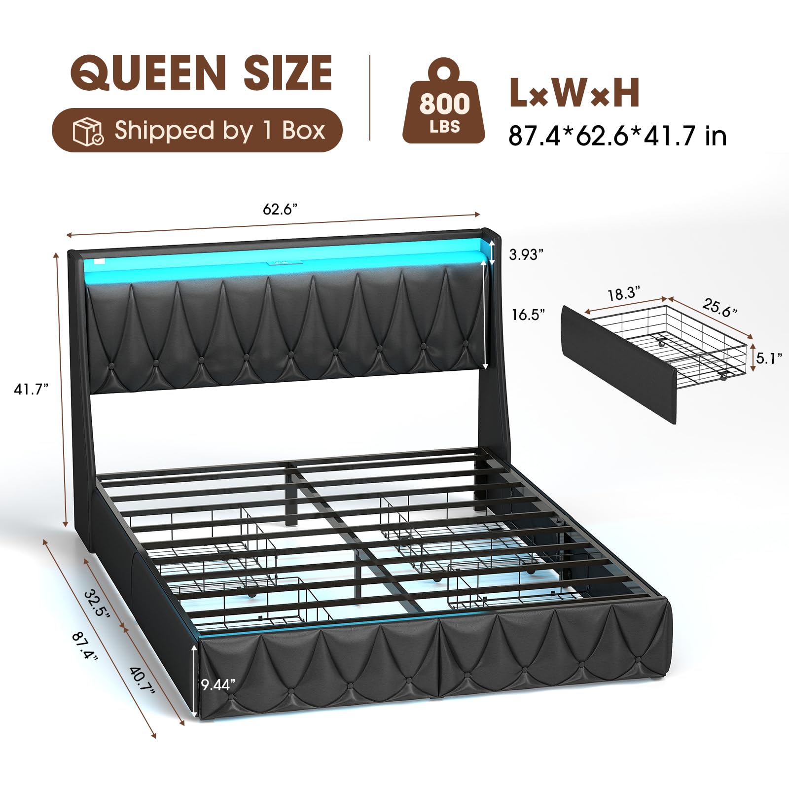 RVONOW Queen Size Bed Frame with 4 Storage Drawers, PU Leather Upholstered Bed Frame Platform with Charging Station & Storage Headboard, All Metal Slats Support, No Box Spring Needed/Noise Free/Black