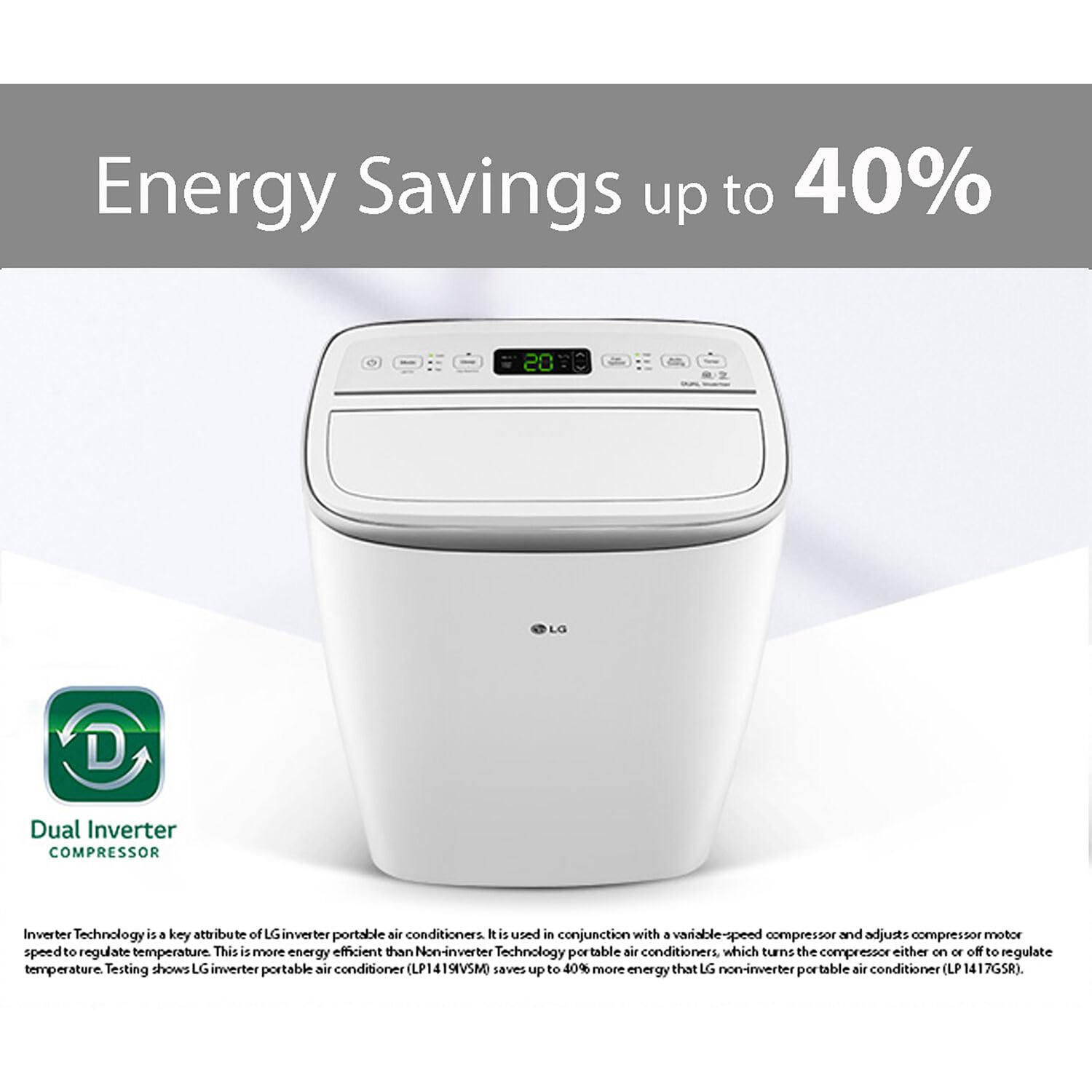 LG Dual Inverter Portable Air Conditioner Unit for Medium Rooms, Bedroom, Office, Kitchen, Dining Room, 115V, Cools up to 500 Sq. Ft., 3 Speeds, 24-hour Timer, with Wi-Fi Control and Remote, White