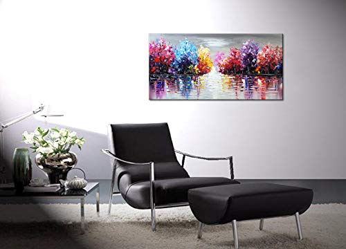 Hand Painted Lake Landscape Canvas Wall Art with Colorful Tree Thick Texture Oil Painting Abstract Artwork (48 x 24 inch)