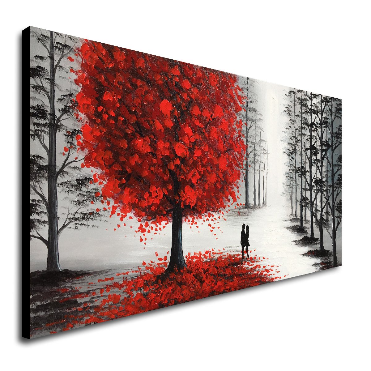 Hand Painted Oil Painting Black and White Landscape Canvas Wall Art with Red Tree for Living Room