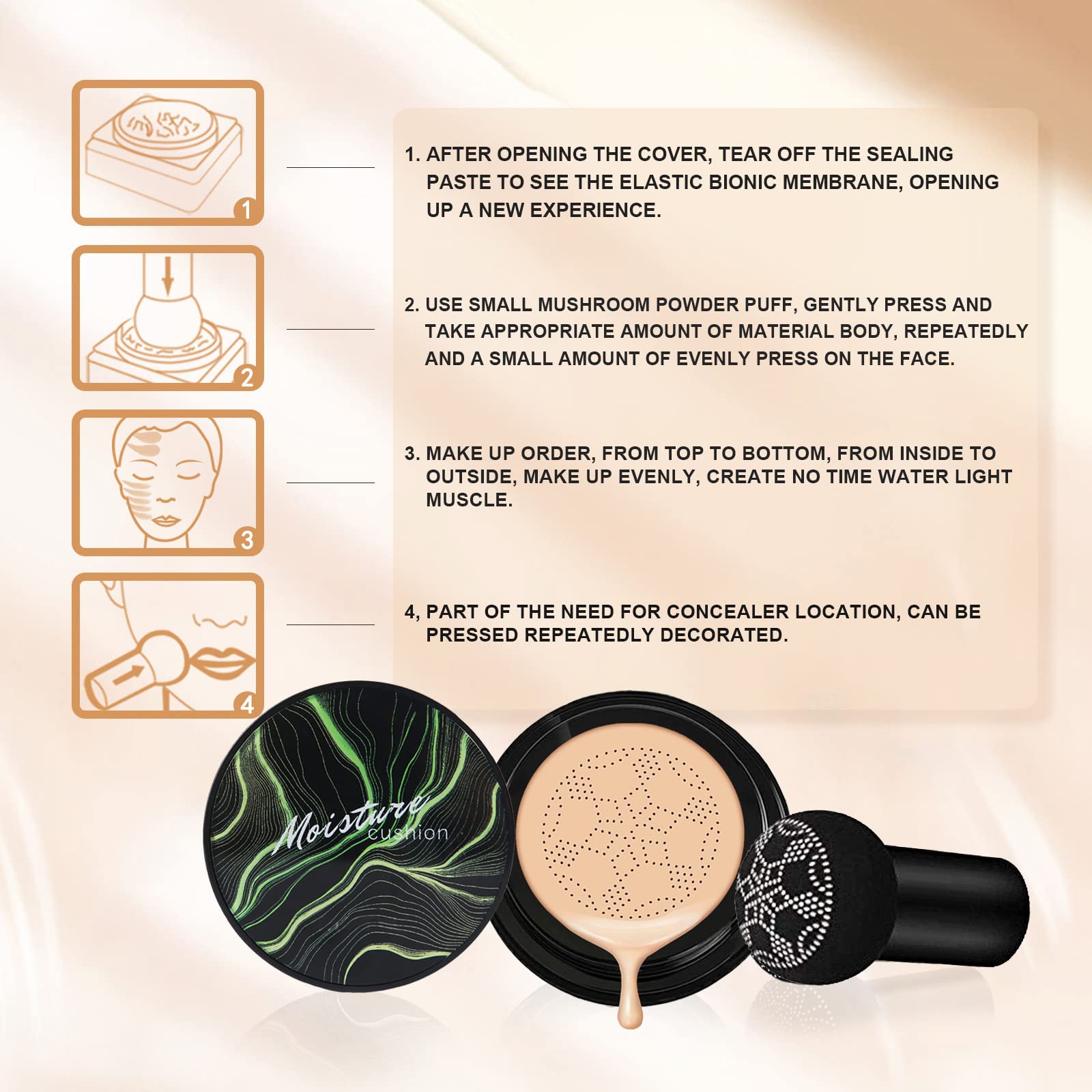 Mushroom Head Air Cushion CC Cream Foundation Moisture CC Cream BB Cream Makeup Moisturizing Concealer Long Lasting Even Skin Tone Makeup Base Primer with Mushroom Sponge (Buff Beige)