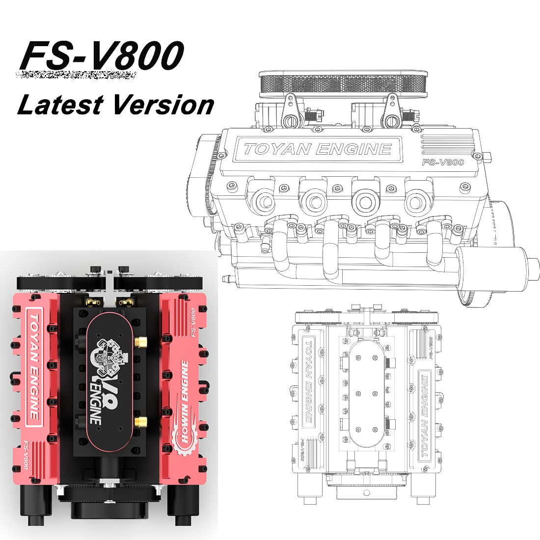 MAYS 8 Cylinder Engine Kit Mini V8 Model, TOYAN HOWIN FS-V800 1/10 Four-Stroke Water-Cooled Nitro Model for RC Car Boat Physics Science DIY Toy Kids & Adults - Version, 12.34 x 3.2 x 12.73cm