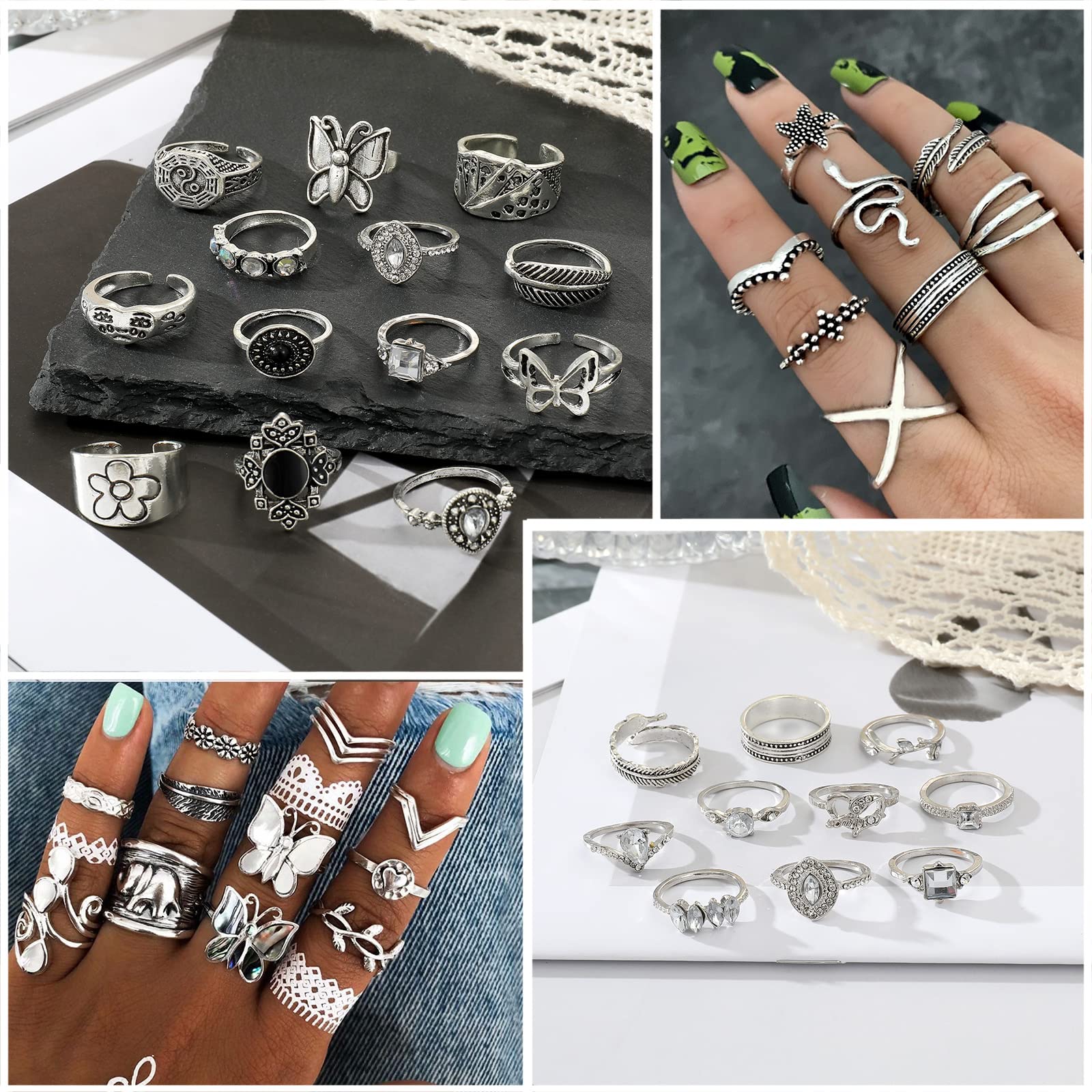 IFKM 80 Pcs Vintage Silver Knuckle Rings Set for Women Stackable Y2K Aesthetic Joint Finger Ring Bohemian Retro Midi Rings Boho Butterfly Snake Crystal Stacking Rings Pack for Girls