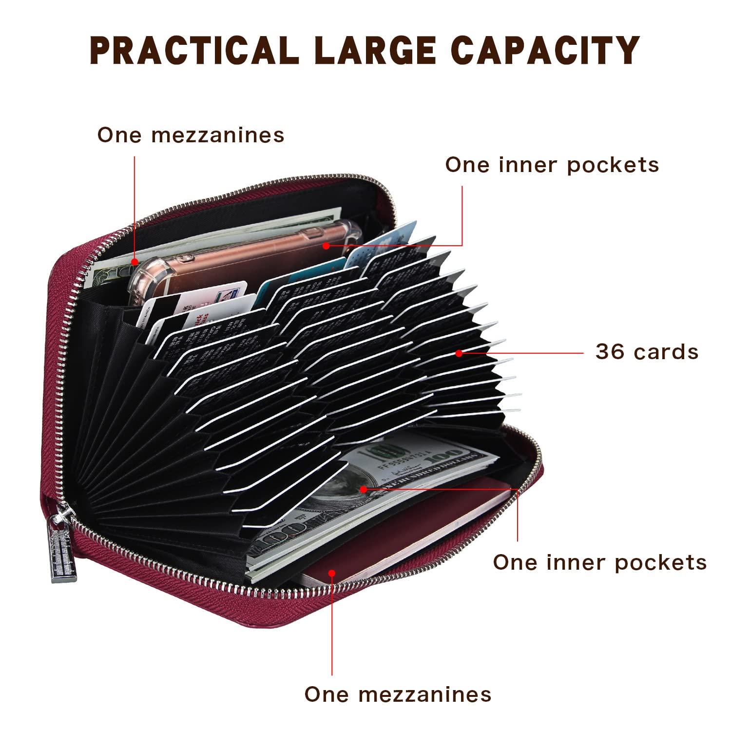 LOKNGXU Women's Large Capacity Wallet Genuine Leather Credit Card Wallet 36 Card Slots Billfold Coin Purse Zip Around Checkbook Wallet RFID Blocking (wine red color)