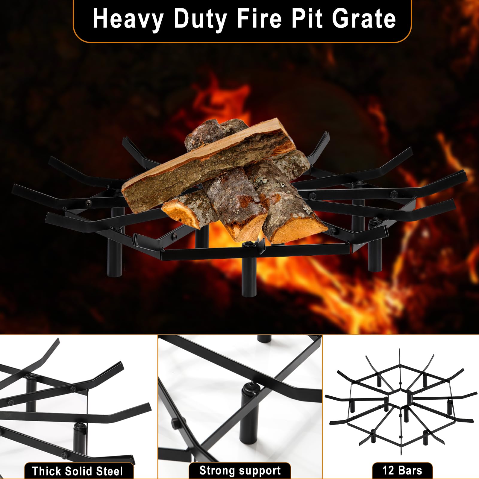 MOOACE Fireplace Grate,24 inch Heavy Duty Solid Steel Firep Pit Grate， Wood Stove Burning Rack Holder for Indoor Hearth Outdoor Firepit