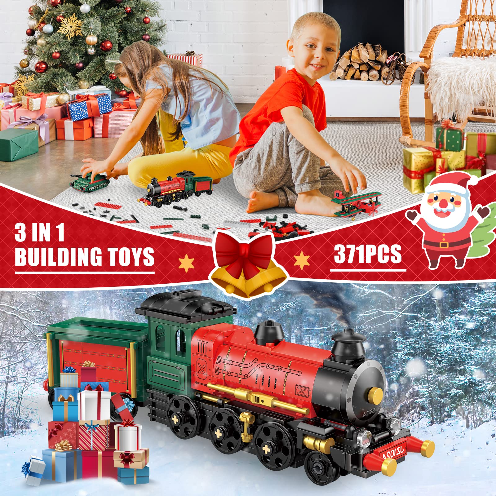 Lehoo Castle Train Set, 3 in 1 Toy Building Sets, Creative Educational Birthday Gift, Include Train Tank Airplane, Stem Projects for Kid Boy Girl 6 7 8 9 10+, 371 Pieces