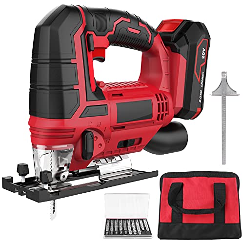 Jigsaw, 20V Cordless Jig Saw for Woodworking with LED, 4 Orbital, Variable Speed, ±45°Bevel Angle, 10PCS Blades, Scale Ruler, Tool-free Blade Changing, Battery & Carrying Bag & Fast Charger Included