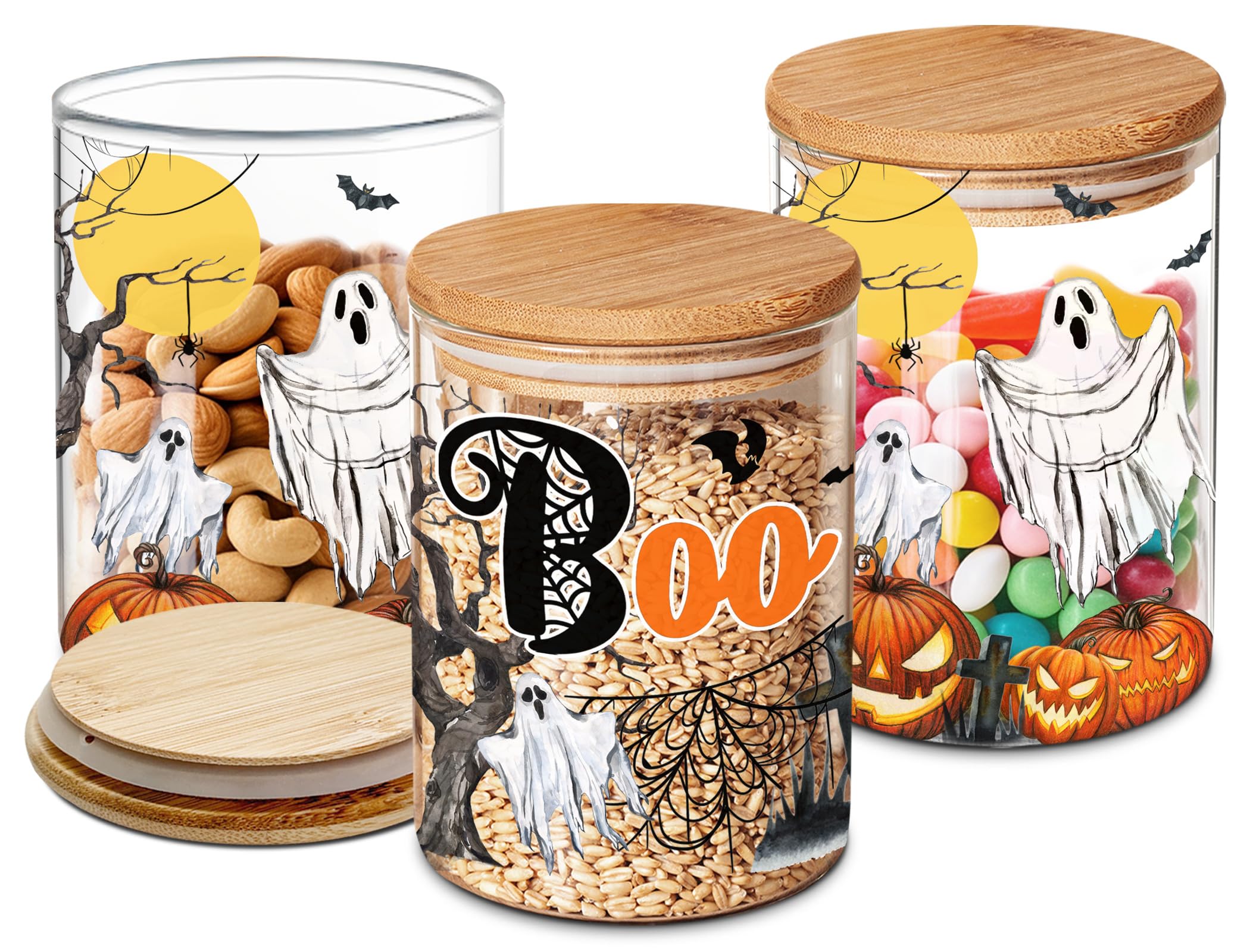 Hexagram 3-Pack Glass Cookie Jar for Halloween Kitchen Decor, 23 oz Candy jar with Bamboo Lids, Canister Sets for Kitchen Counters