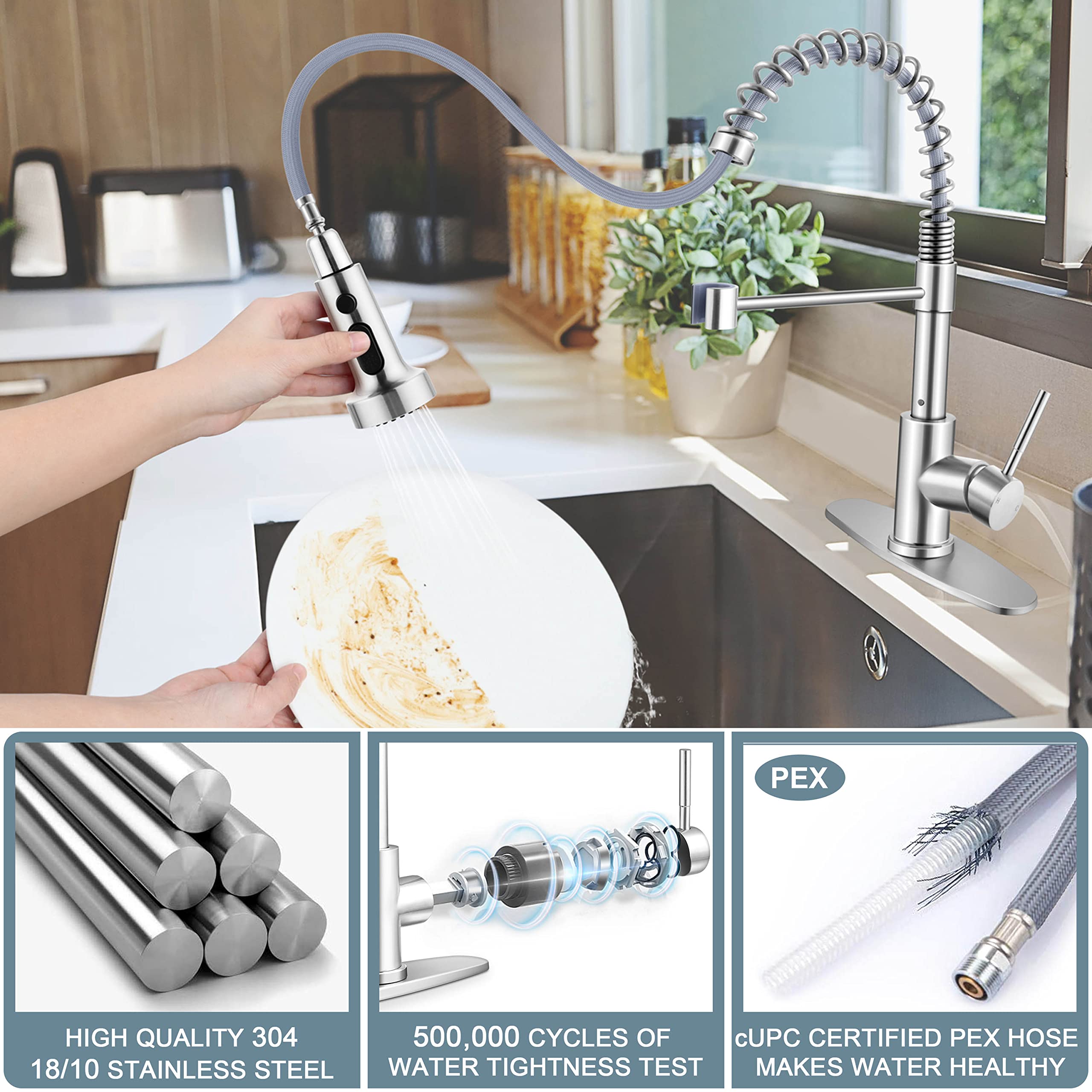 Homikit Kitchen Faucet Brushed Nickel with Pull Down Sprayer & Soap Dispenser, Stainless Steel Spring Faucets with Deck Plate 1 or 3 Hole, High Arc Commercial Sink Faucet for Farmhouse Laundry RV Bar