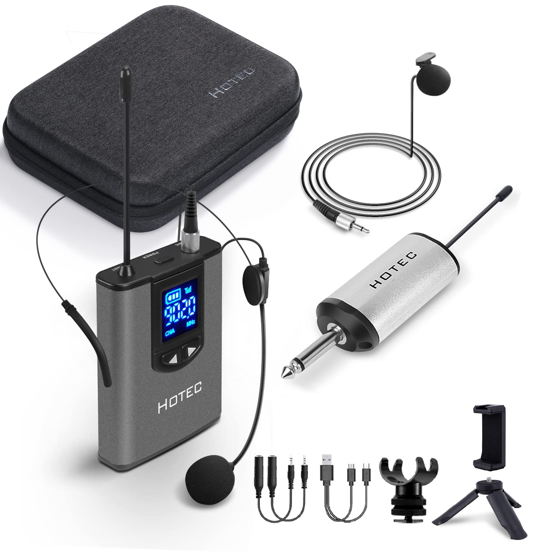 HOTEC Wireless Headset Lavalier Lapel Microphone System for iPhone, DSLR Camera, PA Speaker, YouTube, Podcast, Video Recording, Conference, Vlogging, Church, Interview, Teaching