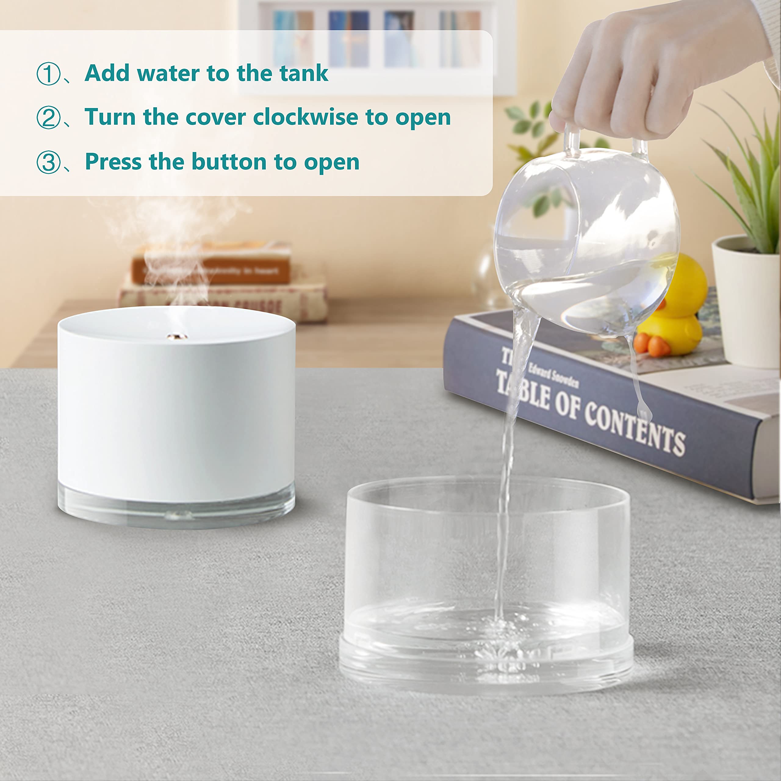 Humidifiers for Bedroom, USB Portable Desk Humidifier with LED Warm Night Light, Cool Mist Humidifiers 780ml Rechargeable with 2 Mist Modes, Auto Shut-Off for Home, Office, Car