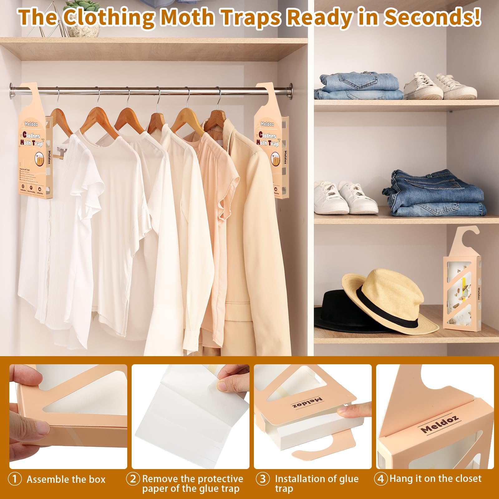 Meldoz Clothes Moth Traps with Powerful Pheromones, Non-Toxic & Odor-Free Sticky Moth Traps for Clothes & Closets, Refillable 6-Pack