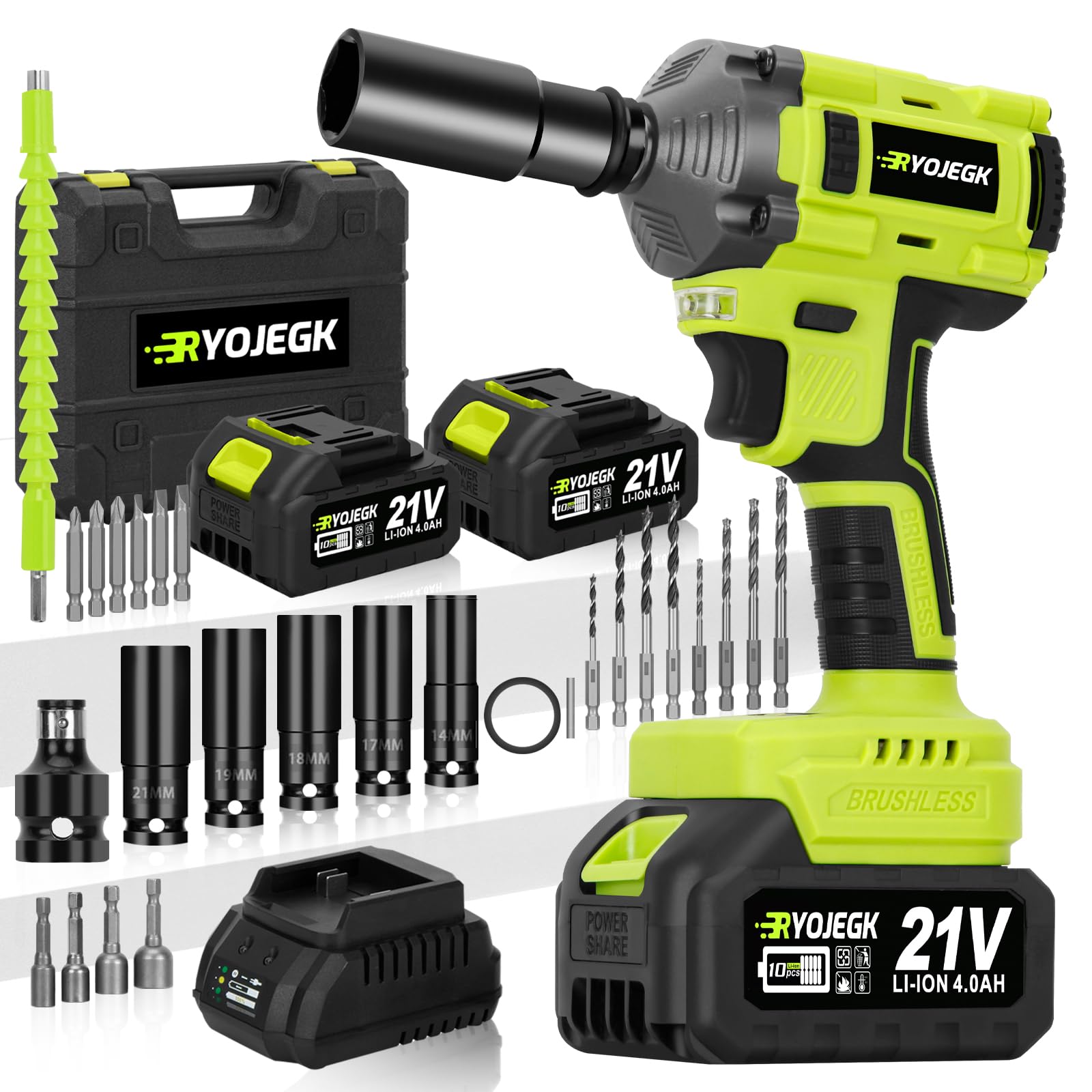 RYOJEGK 443Ft-lbs Compact Cordless Impact Wrench Set,600N.m Brushless Impact Gun 1/2 Drive 3-Speed Reversible With 2×4.0Ah Battery & Fast Charger,Llave De Impacto Inalambrico For Car Lug Nuts & Home