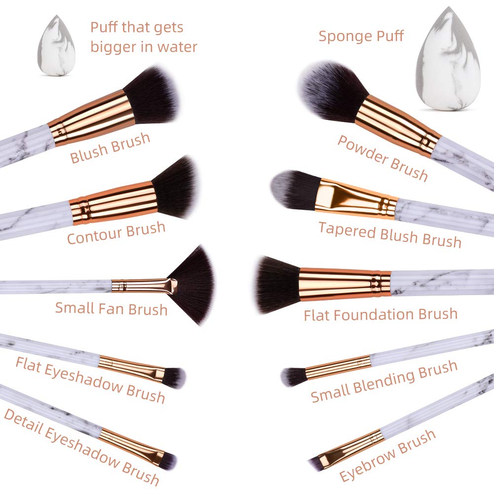 HEYMKGO Makeup Brushes Professional Marble Makeup Brush Set, Soft and Odor-free Natural Synthetic Bristles,10pcs Makeup Brush + 2 Makeup Sponge + Cosmetics Bag
