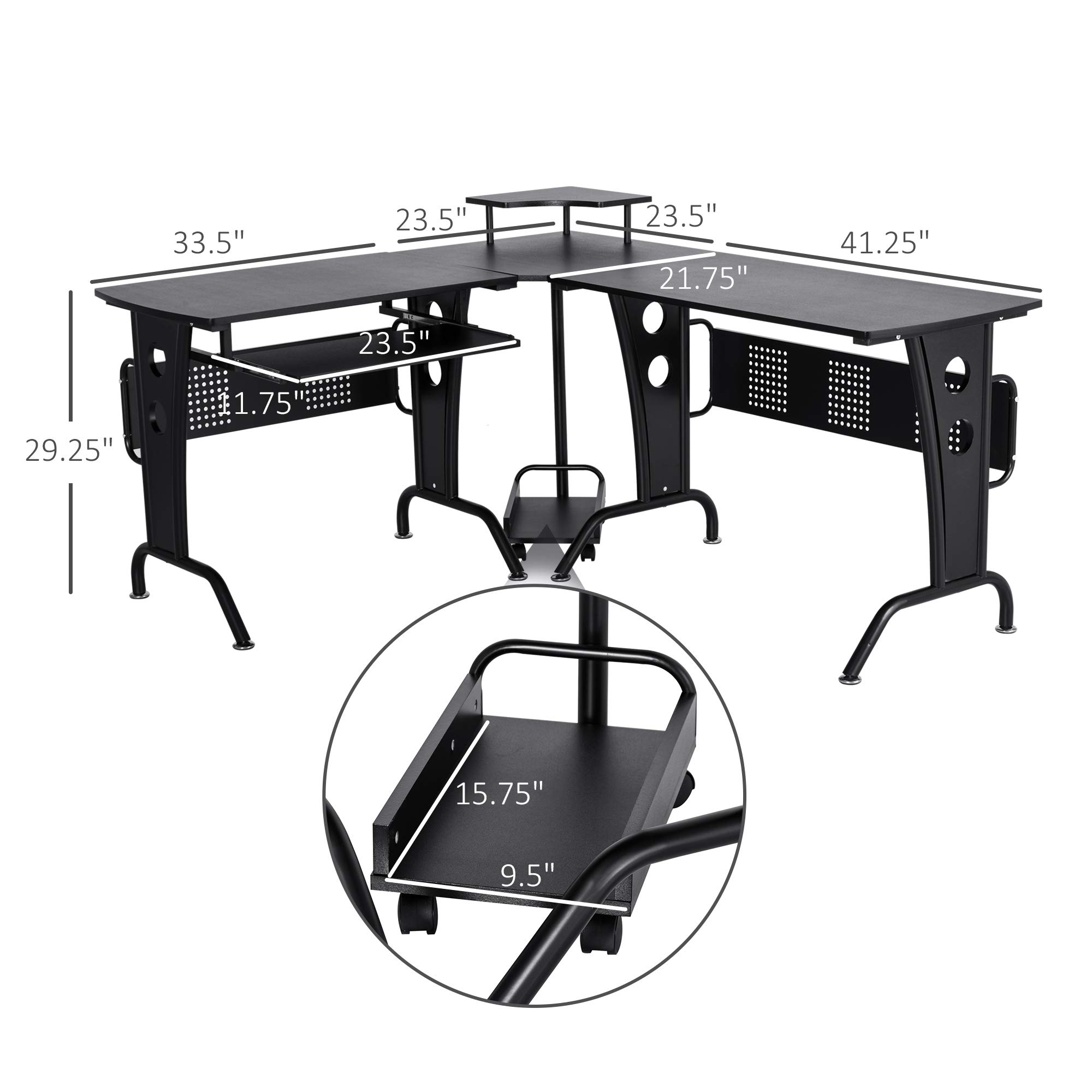 HOMCOM L-Shaped Corner Computer Office Desk Workstation with Elevated Shelf, Rolling Keyboard Tray, & Convenient CPU Stand, Black