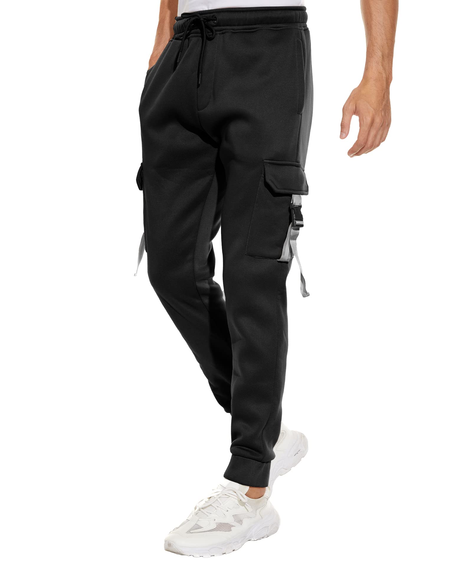 IGEEKWELL Men Sweatpants Cargo Fleece Winter Athletic Joggers Pants Warm Drawstring Pockets Elastic Black