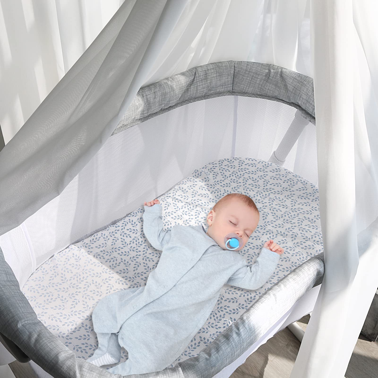 Muslin Bassinet Sheets for Baby Girl Boy, Boho Baby Bassinet Sheets Fitted for Oval Hourglass Rectangular Bassinet Mattress Pad(32"x16"), Soft Breathable Rayon Made Form Bamboo, 2 Pack