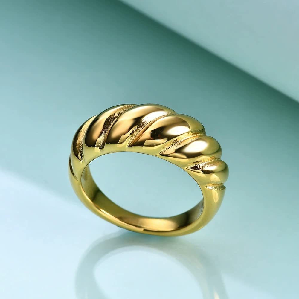 JILIYUPA 14K Gold Plated Croissant Dome Ring Twisted Braided Gold Plated Ring | Chunky Signet Ring, Signet Chunky Dome Ring Stacking Band for Women (Gold, 8)
