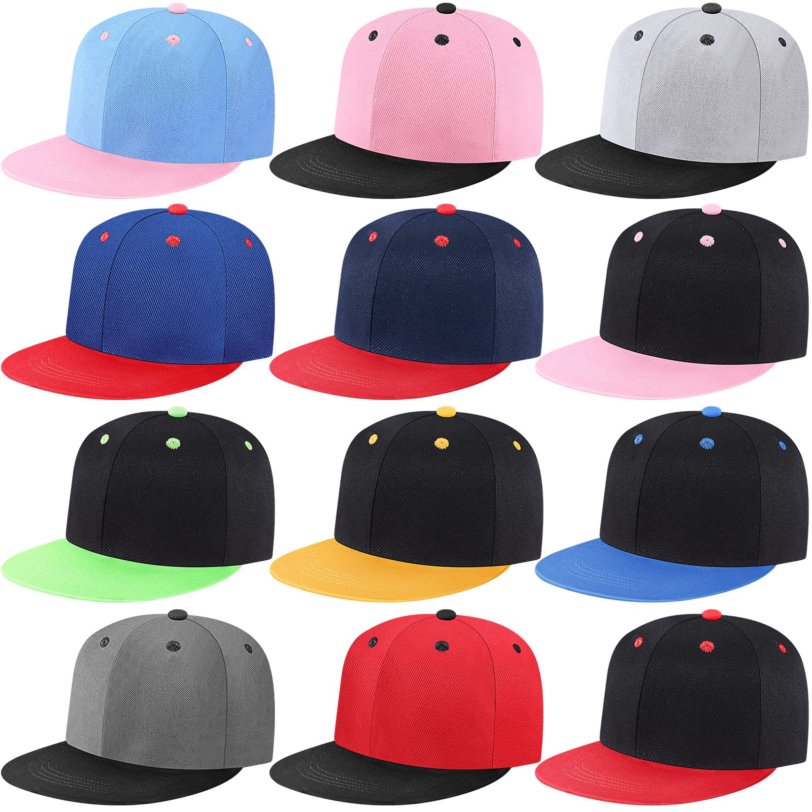 Jiuguva 12 Pack Snapback Hat Cap Solid Color Adjustable Snapback Hat Hip Hop Style Baseball Cap Flat Brim Blank Snapback Hats for Men Women