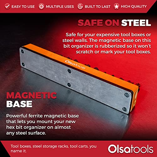Olsa Tools Professional Hex Bit Organizer with Magnetic Base | Professional Quality Hex Bit Holder for Your Specialty, Drill or Tamper Bits (Orange)