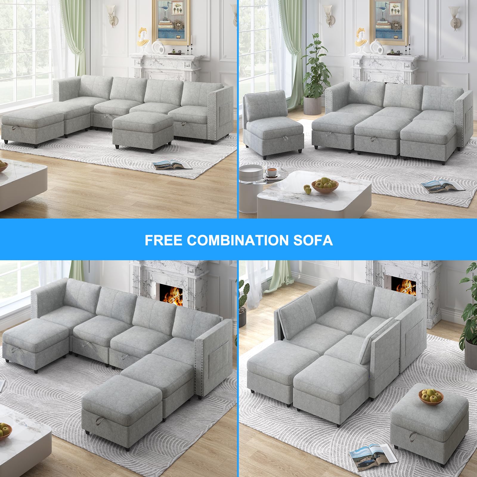 PUREMIND 110" U Shaped Sectional Couch, Modular Convertible Sectional Sofa with Storage, 7 Seat Sofa Couches for Living Room, Light Grey
