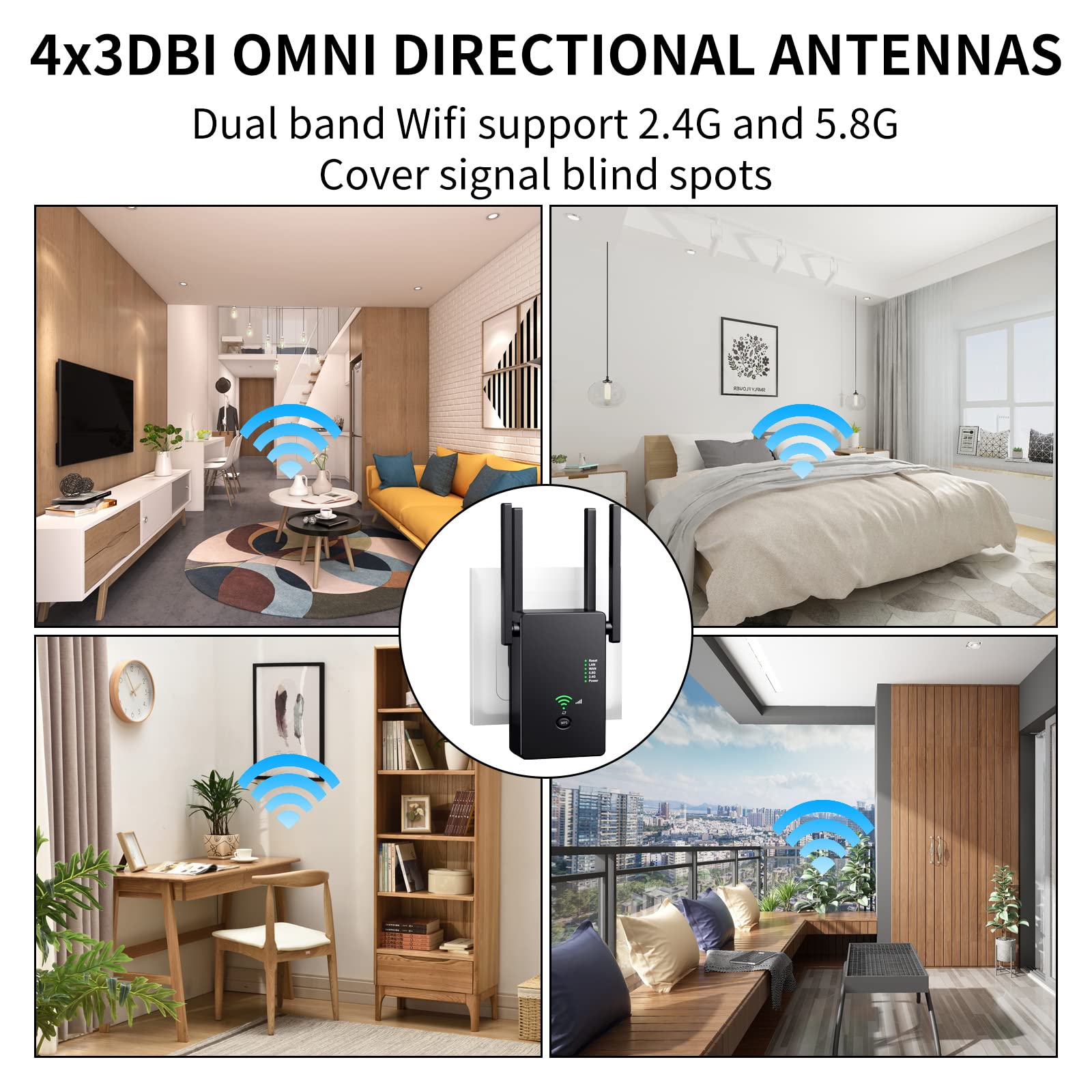PAKESI WiFi Extender Signal Booster, 4 Antennas 360° Degree Full Coverage WiFi Extender Signal Amplifier,with AC1200 Dual Band Wireless Signal Booster,Coverage up to 2640sq.ft and 25 Devices
