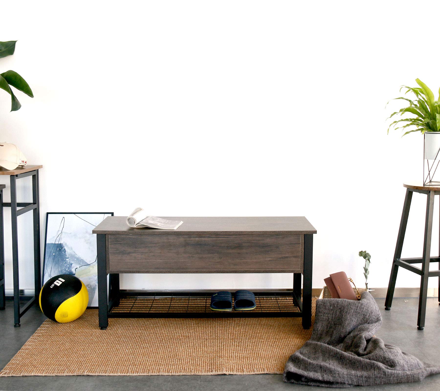 HOMEKOKO Industrial Storage Bench, Entryway Lift Top Shoe Storage Bench in Dining Room, Hallway, Living Room Metal Frame (Rustic Brown)