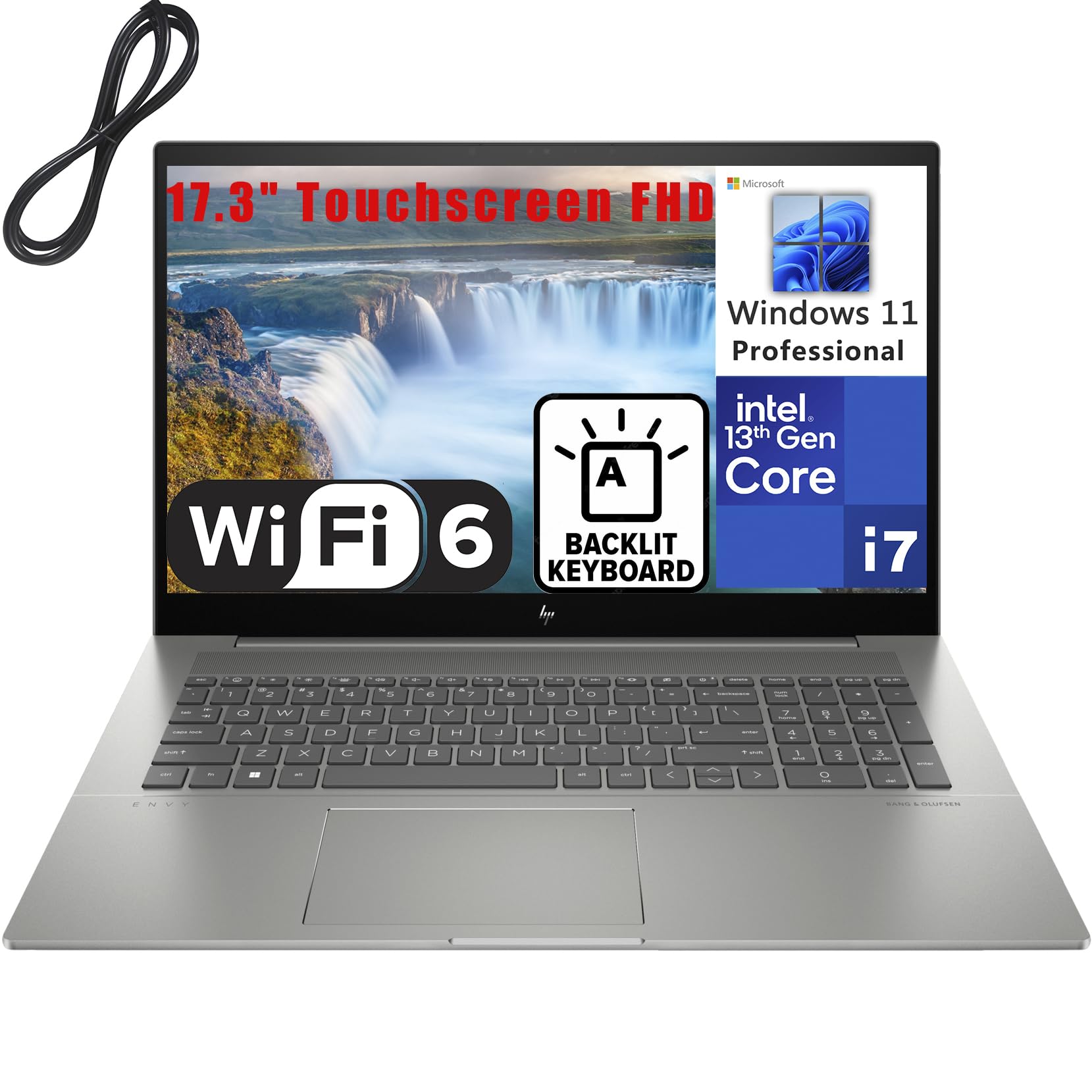 HP Envy 17 17.3" Touchscreen FHD Business Laptop Computer, 13th Gen Intel 14-Core i7-13700H, 64GB DDR4 RAM, 1TB PCIe SSD, WiFi 6, Bluetooth 5.3, Backlit Keyboard, Windows 11 Pro, BROAG Cable