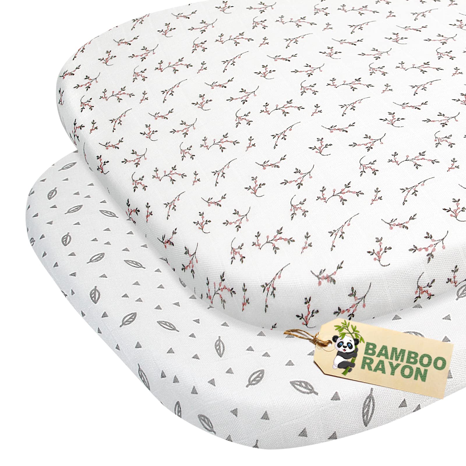 Muslin Bassinet Sheet for Baby Girl Boy, Boho Bassinet Sheets Fitted for Oval Hourglass Rectangular Bassinet Mattress Pad(32"x16"x5.5") 2 Pack, Soft Breathable Rayon Made Form Bamboo, Floral Pink