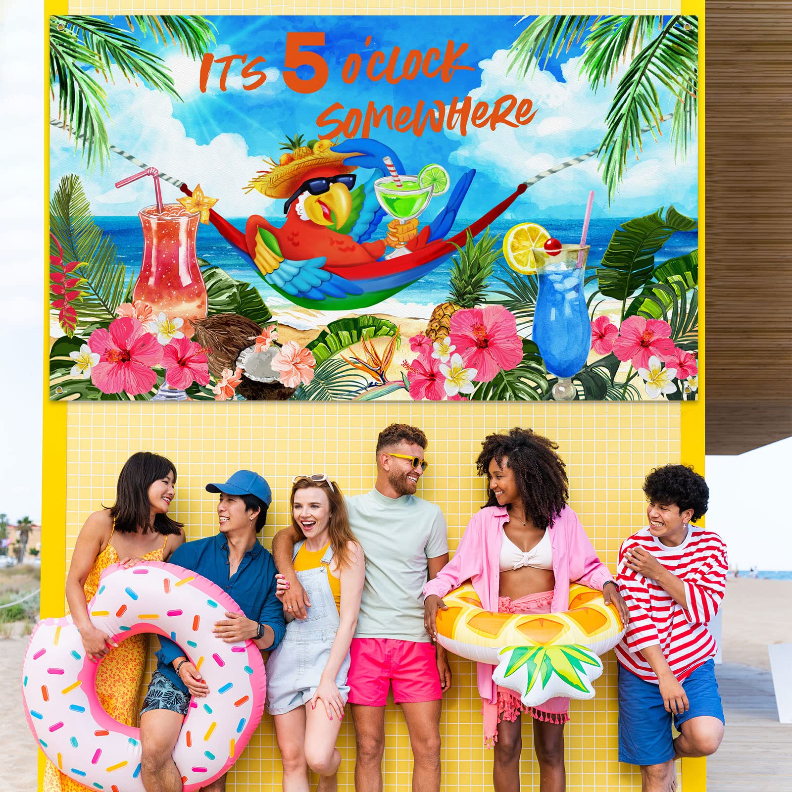 It's 5 O' Clock Somewhere Summer Backdrop Tropical Parrot Banner Beach Hawaii Decoration Polyester Background Nautical Cocktails Drinks Bar Party Supplies Holiday Photo Booth Prop Indoor Outdoor