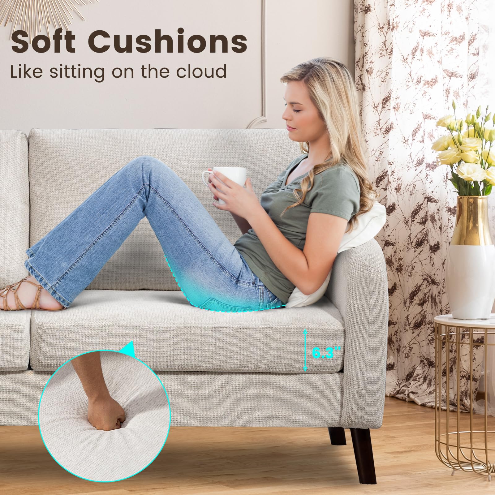 RIHEREFY 69'' Loveseat Sofa Couch, Small Couches for Small Space with Removable Backrest & Wooden Legs,Small Loveseat Sofa with Soft Cushion for Living Room,Bedroom, Apartment(Beige)