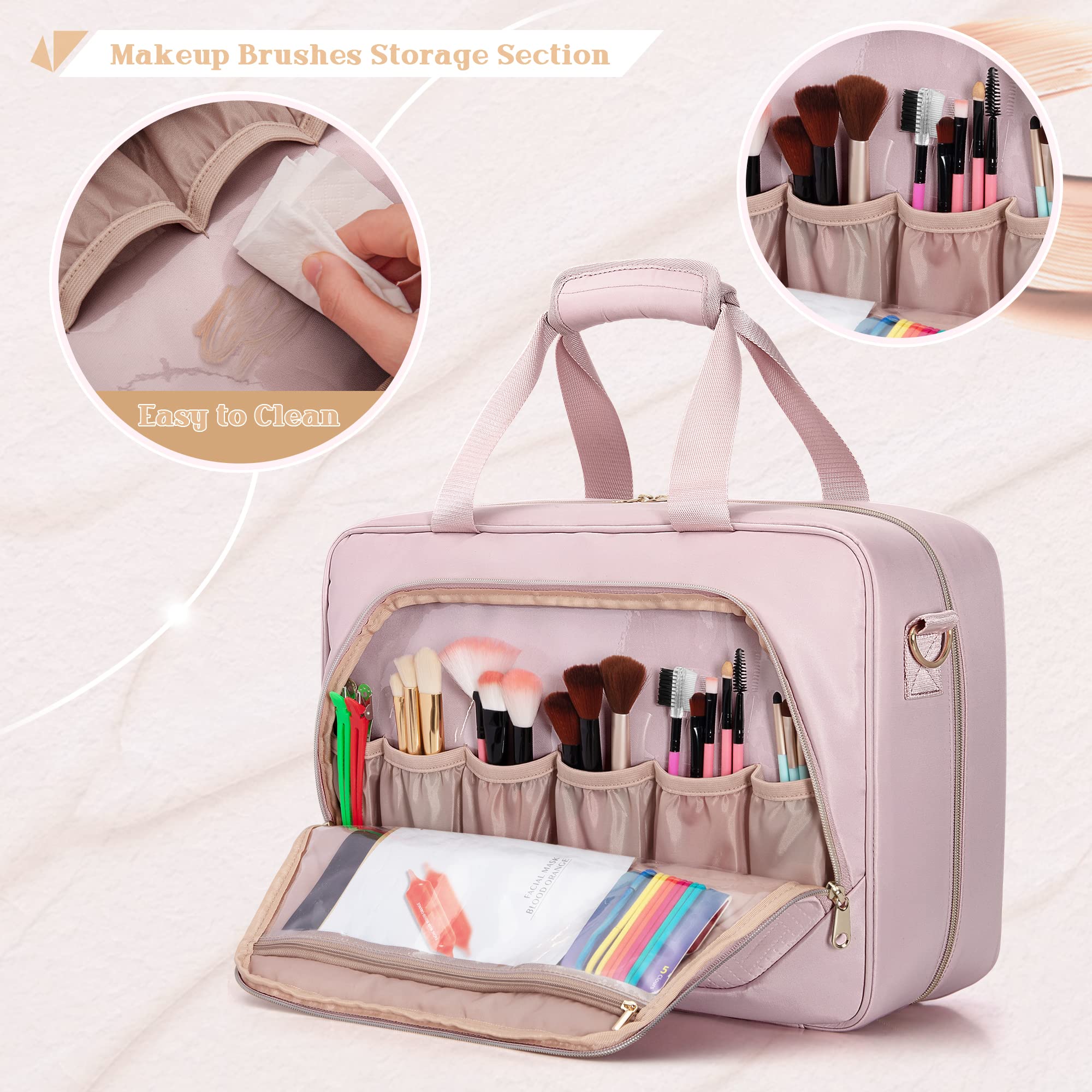 Prokva Professional Makeup Artist Travel Case with 4 Detachable Cosmetic Bags, Large Make up Organizer Bag with Makeup Kit Storage Section and Hair Tools Pocket, Pink (Empty Bag Only)