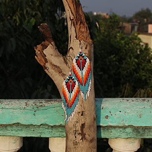 Long Beaded Dangle Earrings β Boho Native Handmade Seed Bead Tassel Bohemian Large Statement Drop Fringes for Women (Multicolor)