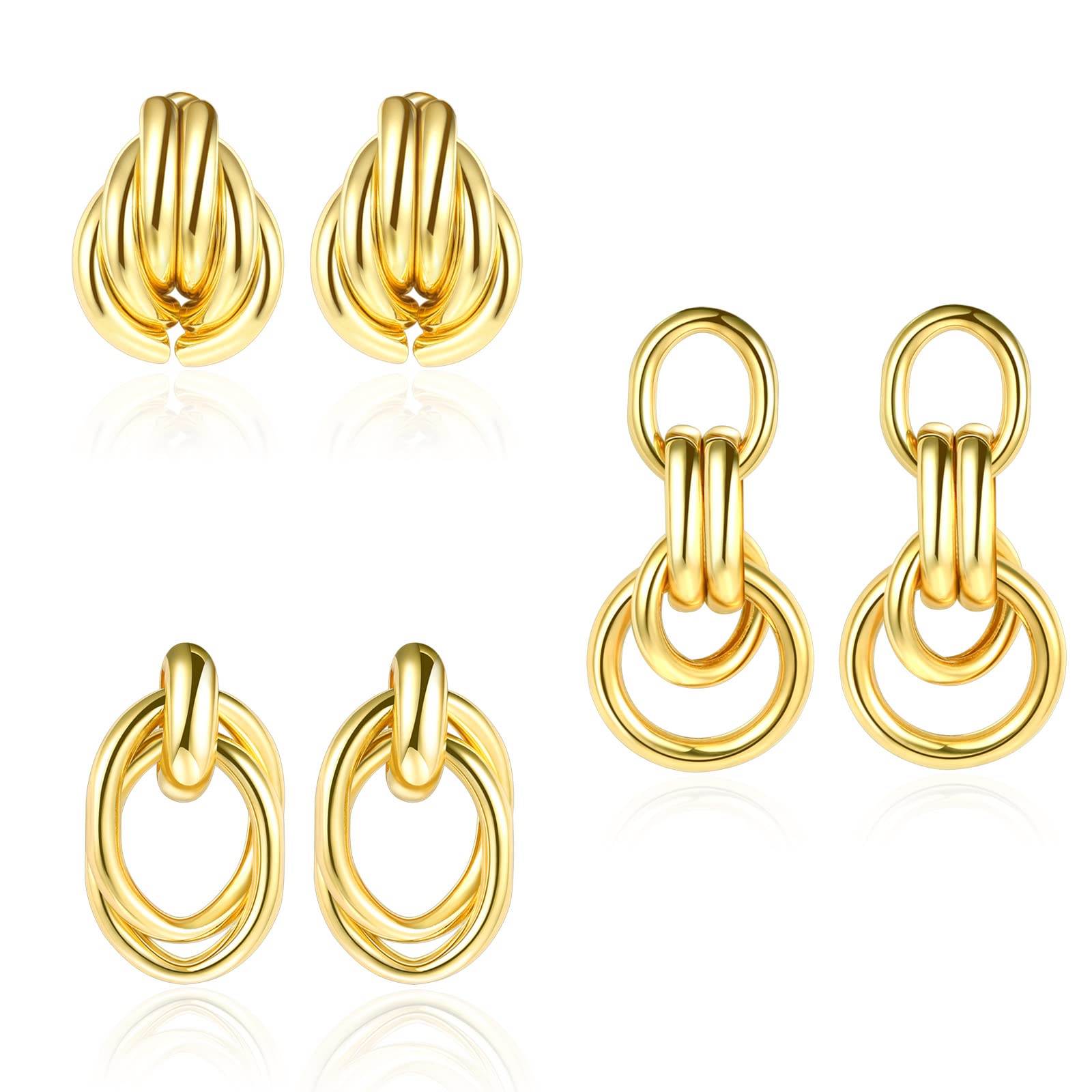 Mevorimp 3 Pairs Gold Hoop Drop Earrings Geometric Double Circle Knot Dangle Chunky Long Chain Statement Earring Sets for Women Birthday Gifts