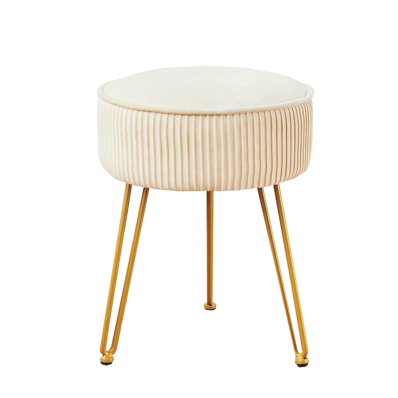 hf-Choous Multifunctional Vanity Stool, Velvet Round Ottoman Dressing Stool, Upholstered Seated Footrest Stool with Gold Metal Legs, Modern Side Table Footstool for Living Room,Bedroom(White)