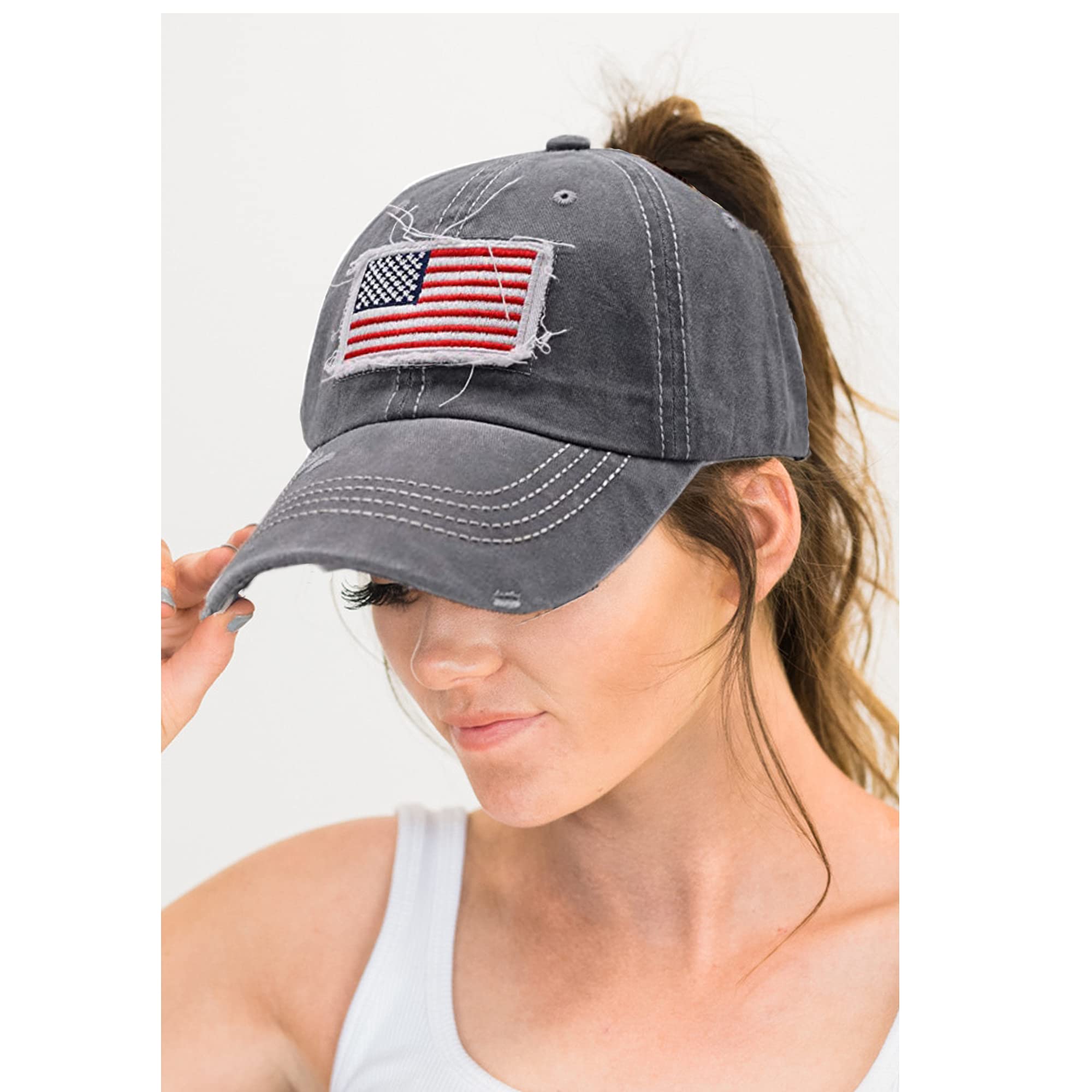 IZUS American Flag,Distressed Baseball Hat – 100% Distressed Cotton Dad Hat Embroiderred for Adult (Ponytail Hat Black/No Hair)