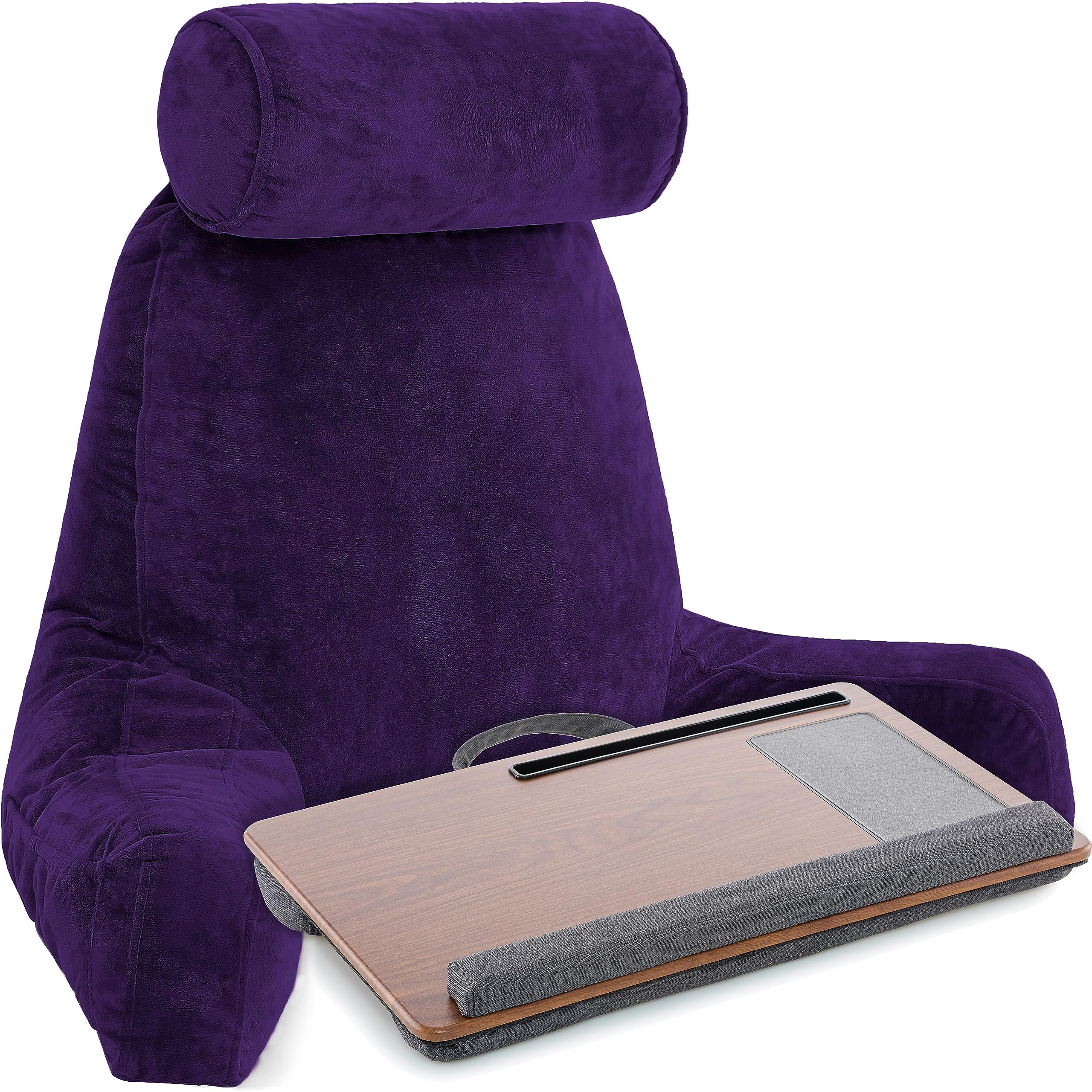 Husband Pillow Combo - Backrest Pillow with Arms : XXL Purple & Foldable Laptop Tray : Brown - Memory Foam Reading Pillows for Bed w/Removable Neck Roll & Laptop Bed Tray Table