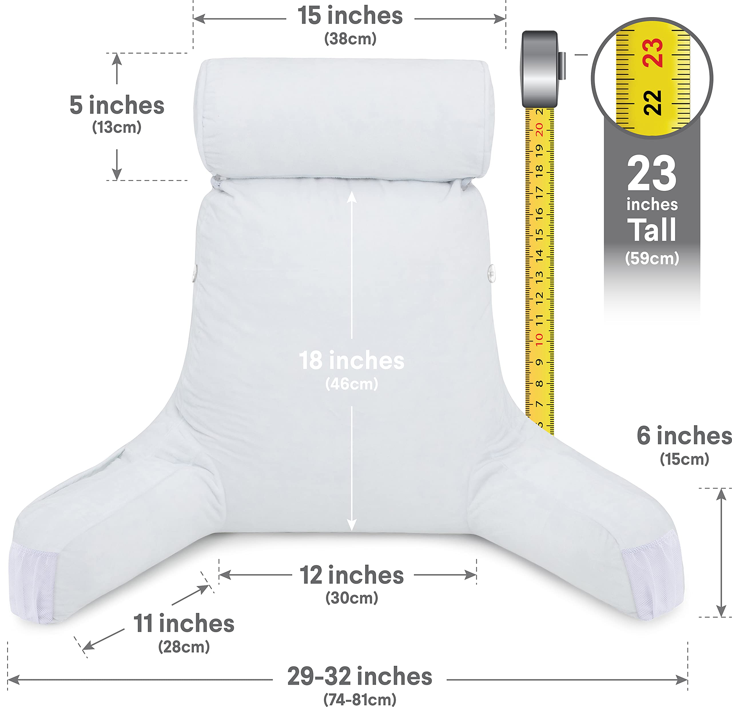 Husband Pillow Combo - Backrest Pillow with Arms : Medium White & Foldable Laptop Tray : Brown - Memory Foam Reading Pillows for Bed w/Removable Neck Roll & Laptop Bed Tray Table