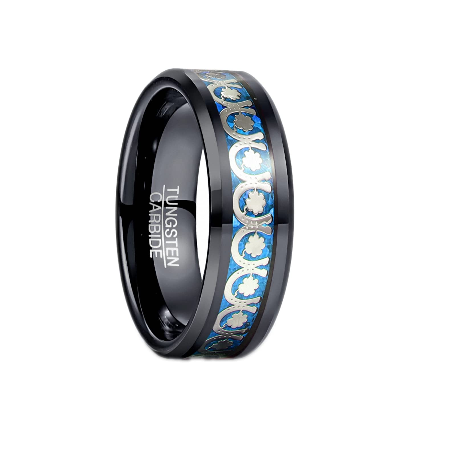 Horseshoe Clover Pattern Blue Red Opal Paper Electric Black Tungsten Carbide Ring Wedding Jewelry Gift