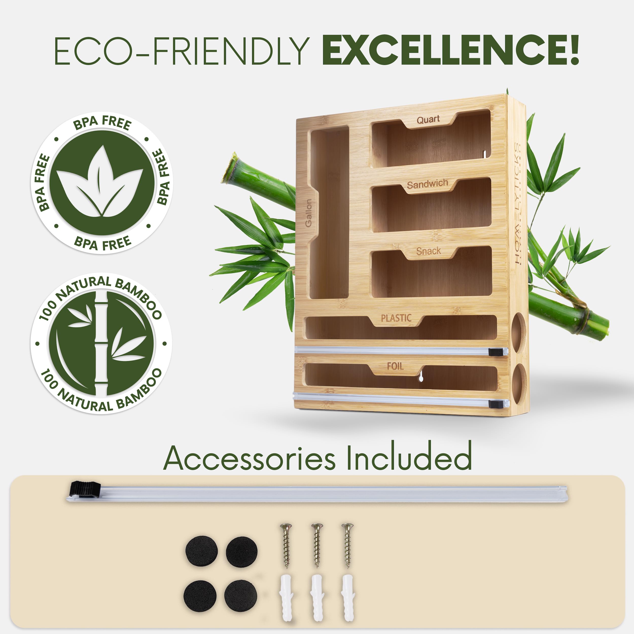HOMELYTICKS Bamboo Storage Bag Organizer & Plastic Wrap Dispenser with Cutter -6-in-1 Kitchen Drawer Organizer for Foil and Plastic Wrap, Food Storage Bag Organizer - Sandwich, Quart, Gallon & Snack