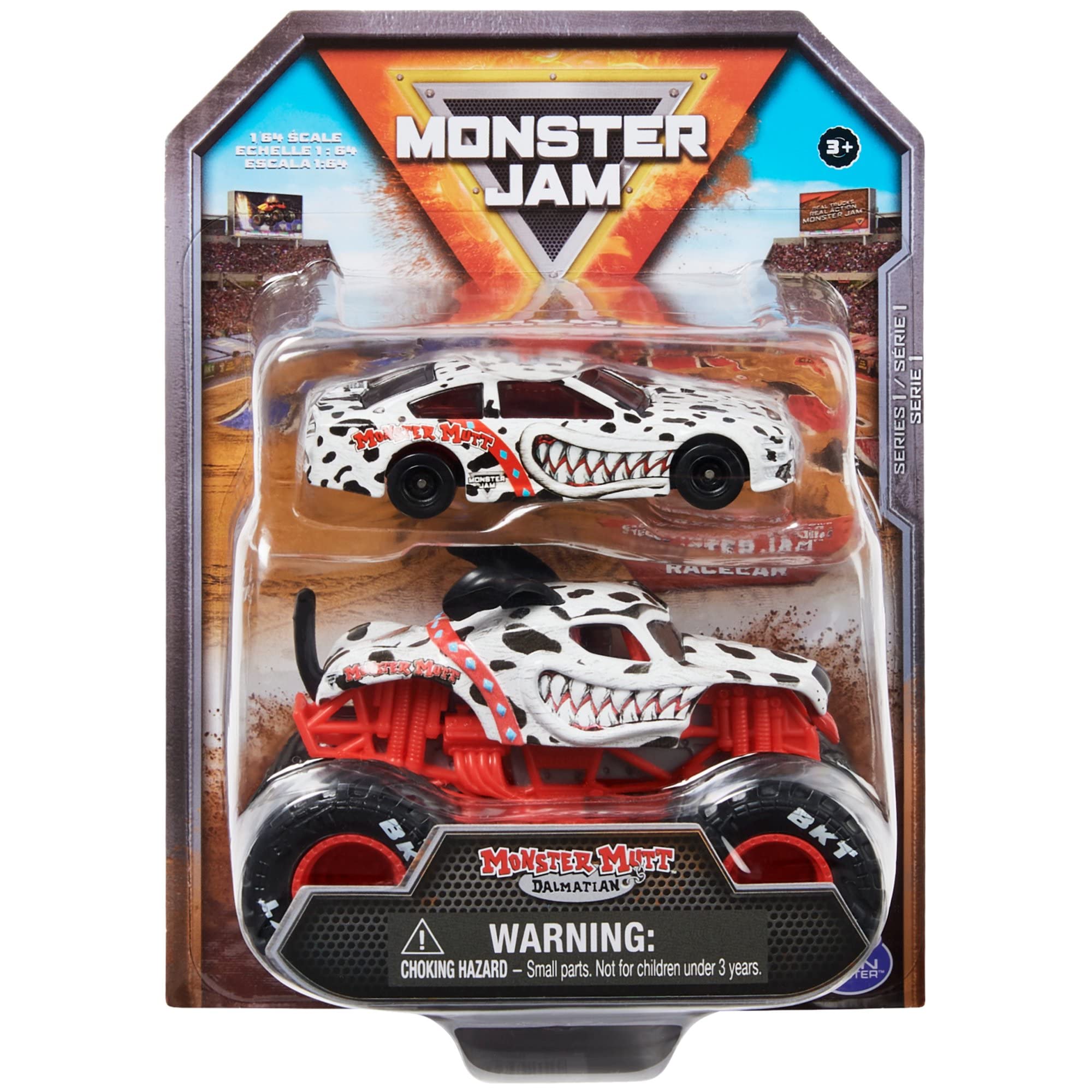 Monster Jam Official 1:64 Scale Diecast 2-Pack Monster Truck and Race Car: Monster Mutt Dalmatian
