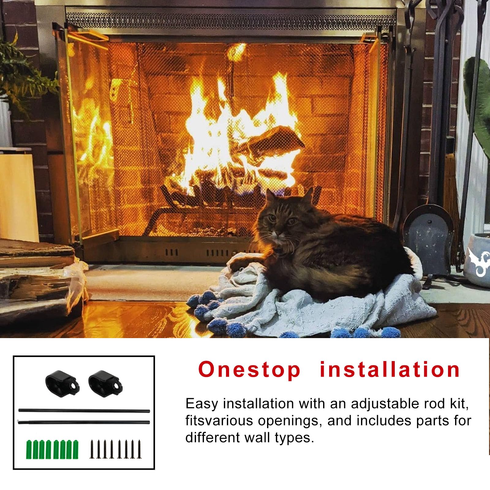 Rilth Fireplace Mesh Screen Curtain Kit with Adjustable Fireplace Curtain Rod, Adjustable Fireplace Screen Panels 23" H × 27.5" W Black Matte